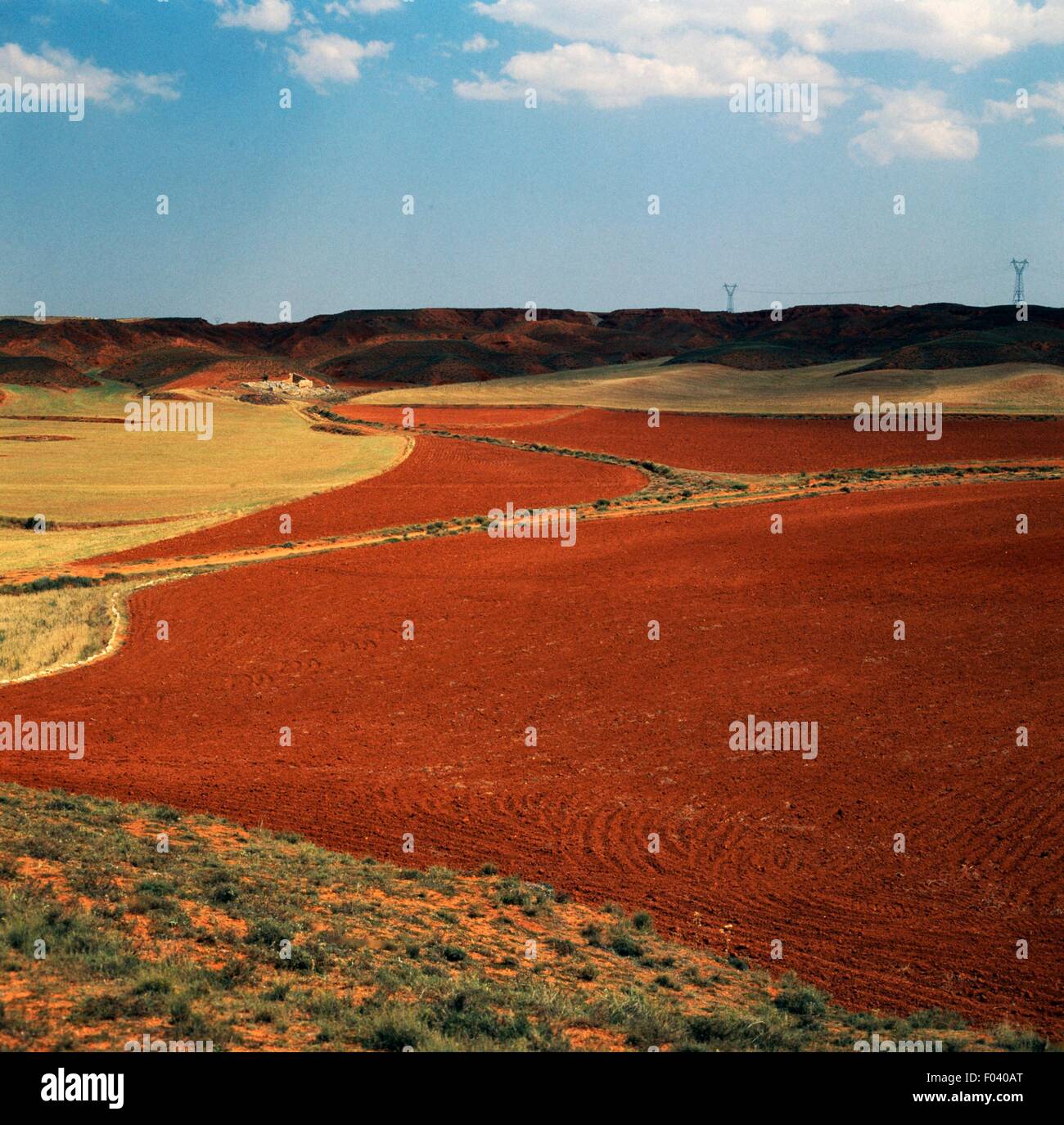 Agricultural landscape with cultivated fields in the Aragon countryside ...