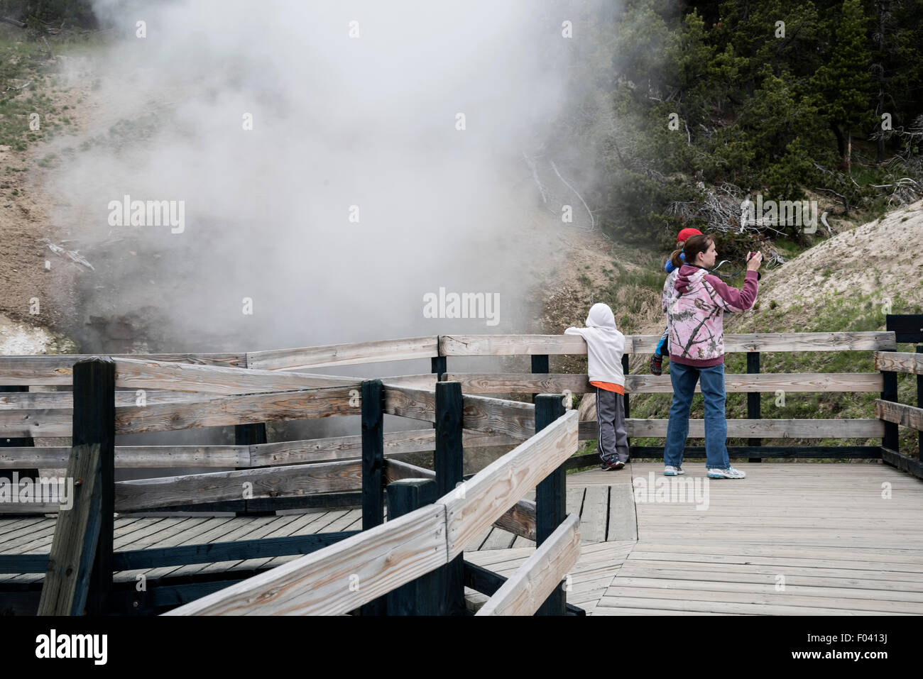 Mother with kids make picture in Mud Volcano Area, Yellowstone National ...