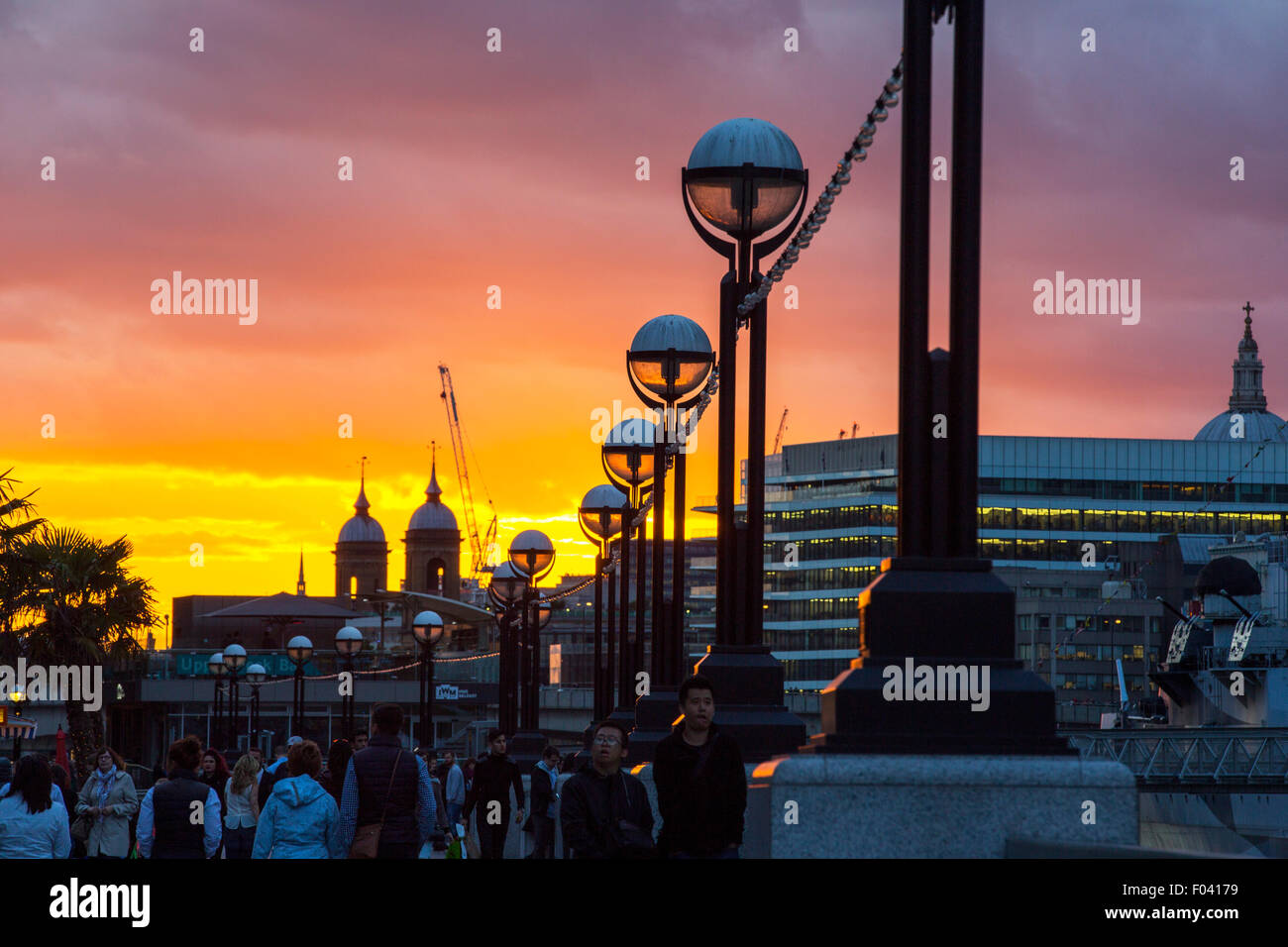 Street lights on the South Bank of the River Thames, London, UK at ...