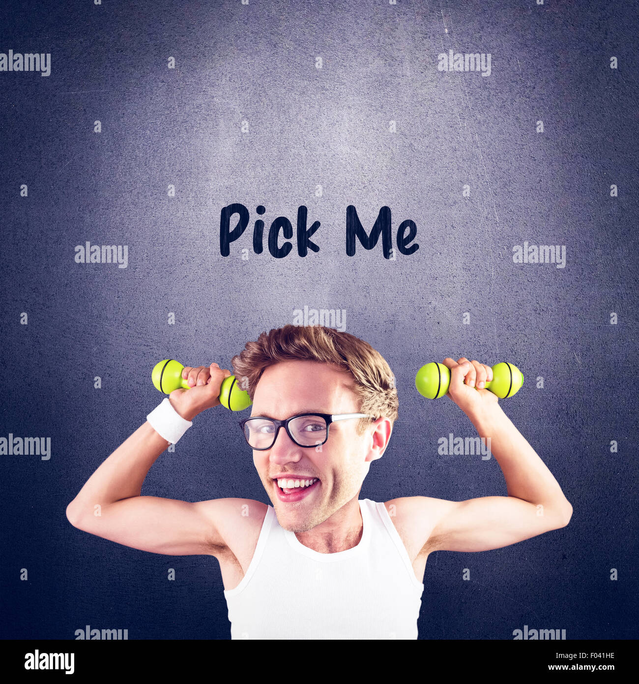 Composite image of nerd lifting weights Stock Photo - Alamy