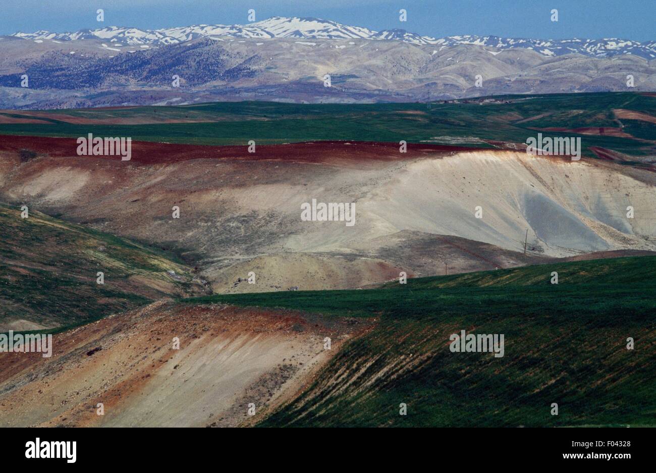 Cultivated fields and a quarry, Northern Taurus Mountains, Turkey Stock ...