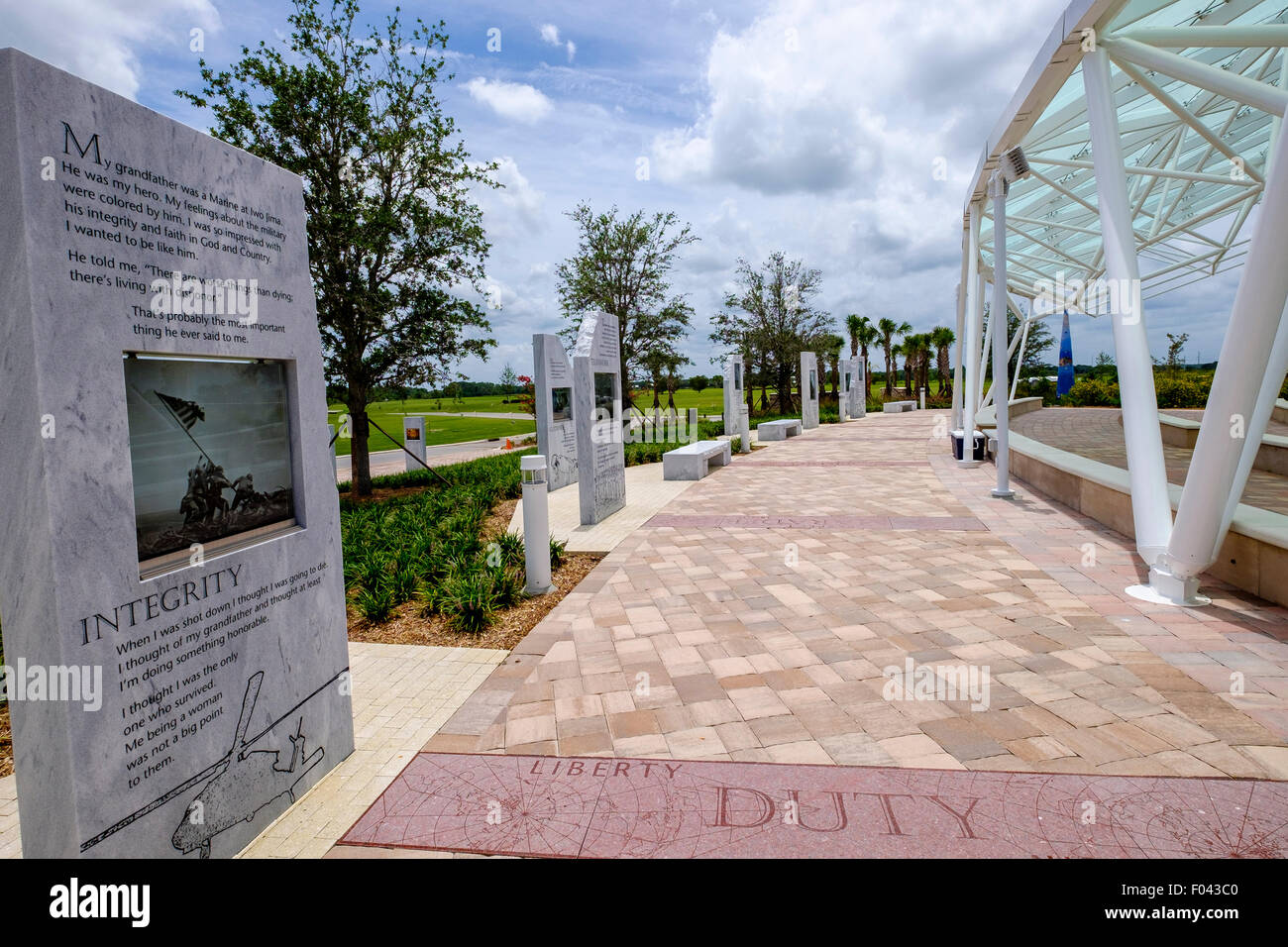 A pedestrian walkway at the Patriot Plaza, Sarasota National Cemetery ...