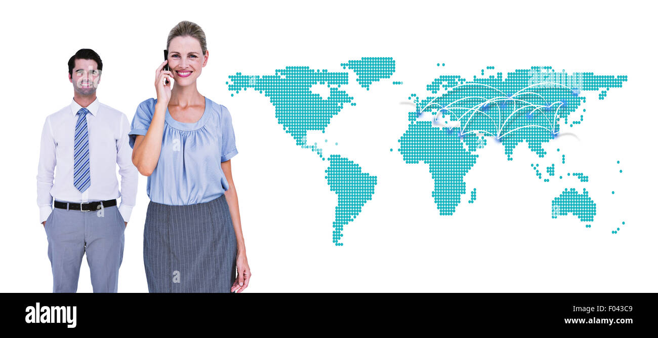 Composite image of businesswoman having phone call while her colleague ...