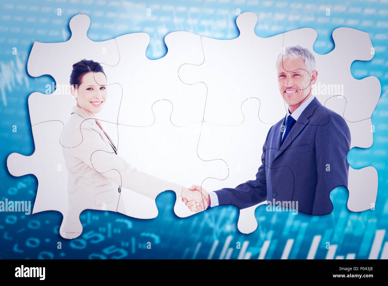 Composite image of smiling business people shaking hands while looking ...