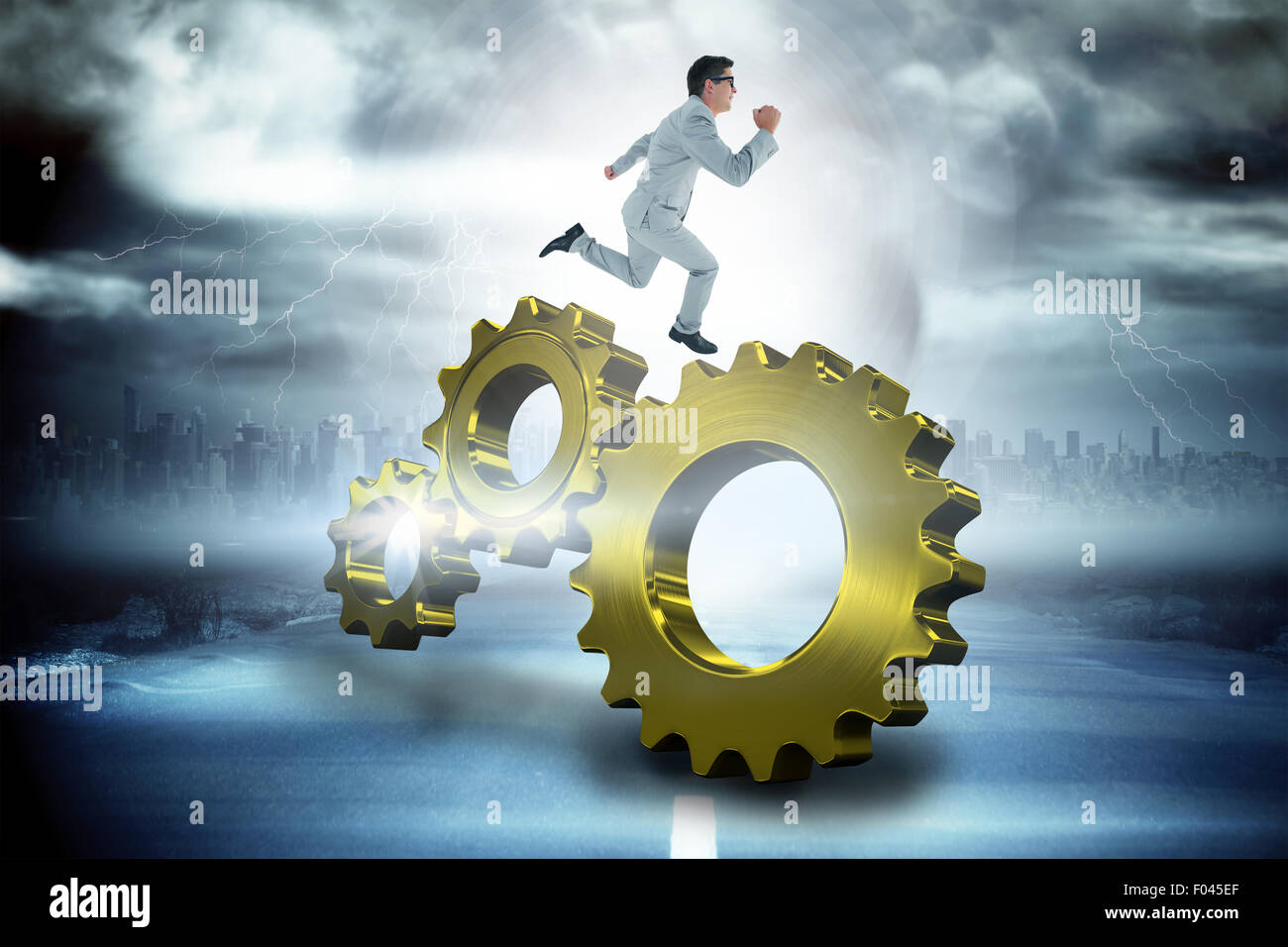 Composite image of geeky happy businessman running mid air Stock Photo ...