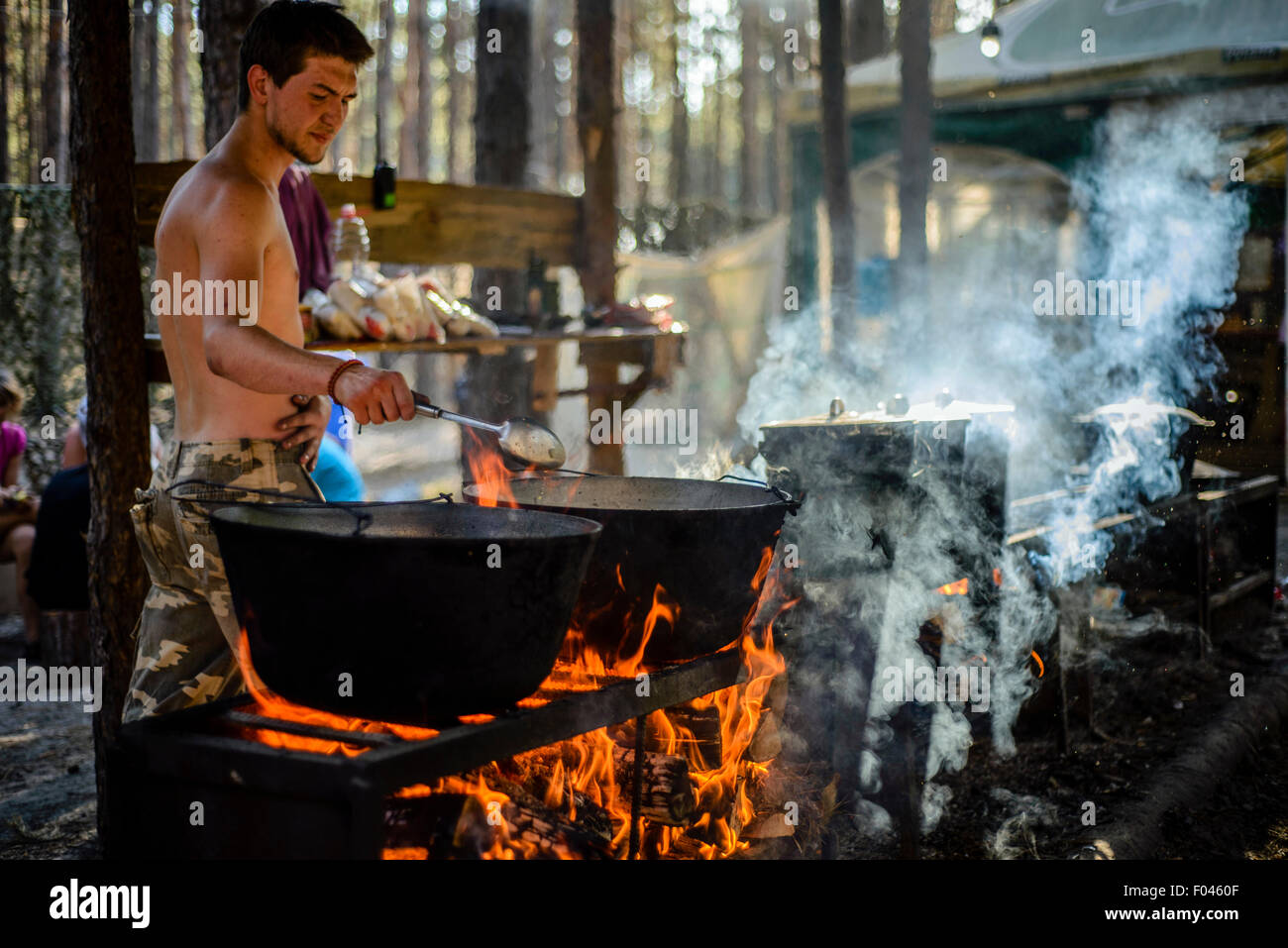 Outdoor kitchen in Ukrainian scout training camp, Kiev region, Ukraine ...