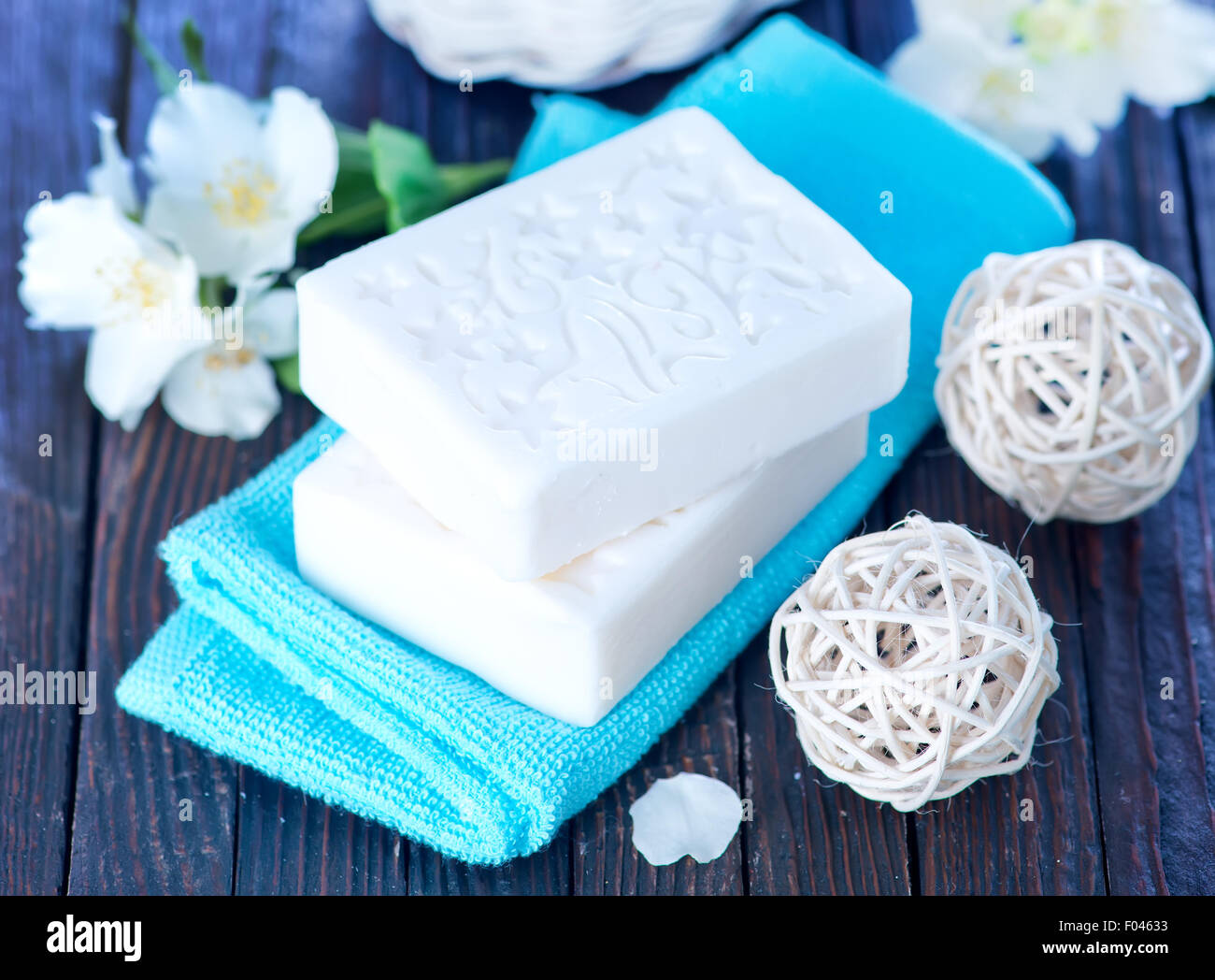 white aroma soap and flowers on a table Stock Photo - Alamy