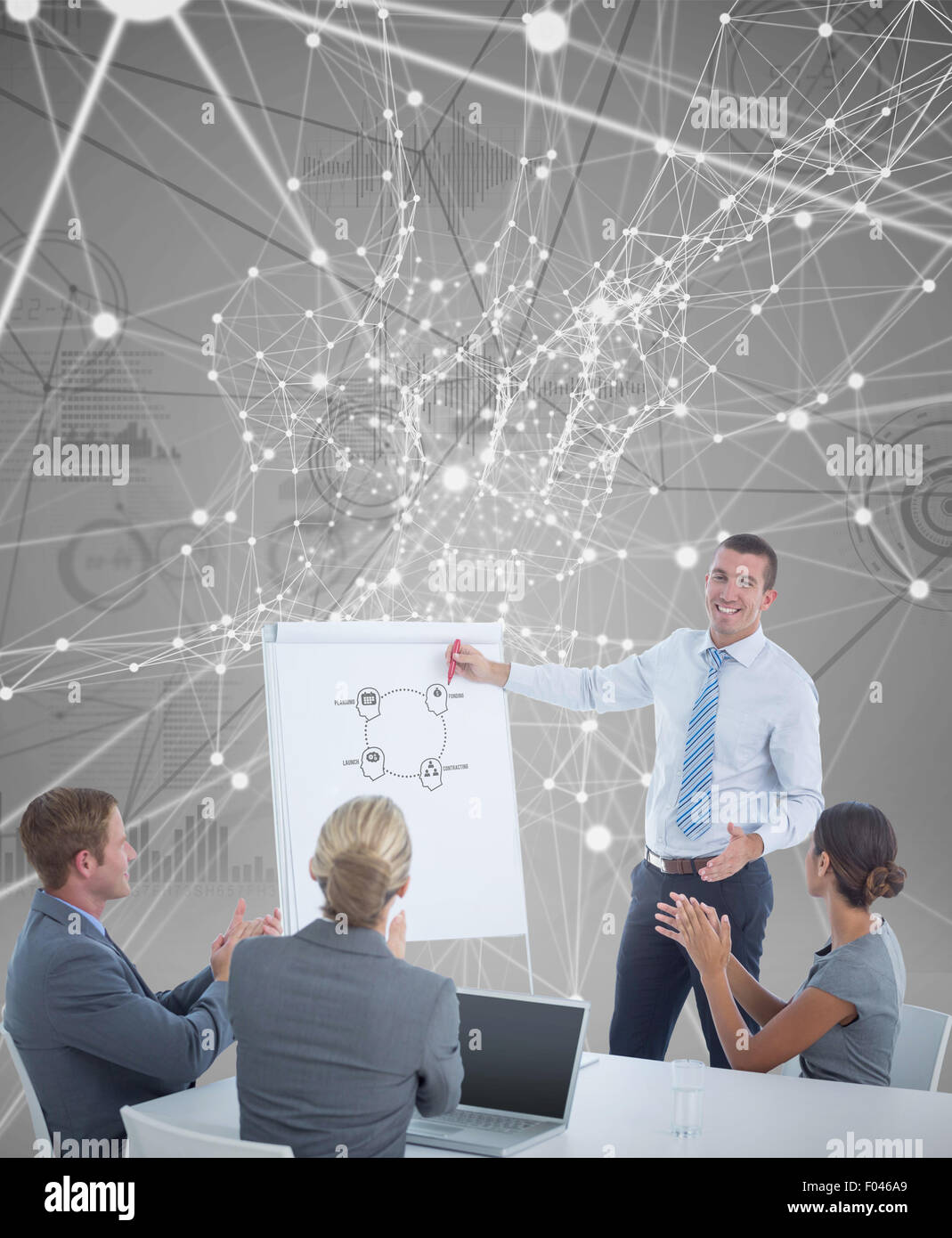 Composite image of manager presenting whiteboard to his colleagues ...