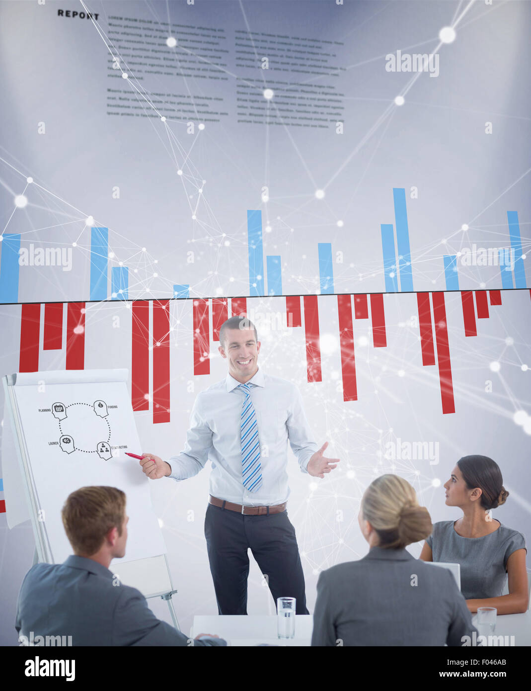 Composite image of manager presenting whiteboard to his colleagues ...