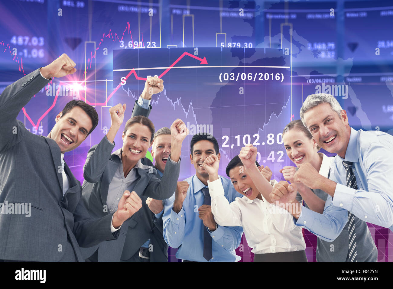 Composite image of business people cheering in office Stock Photo - Alamy
