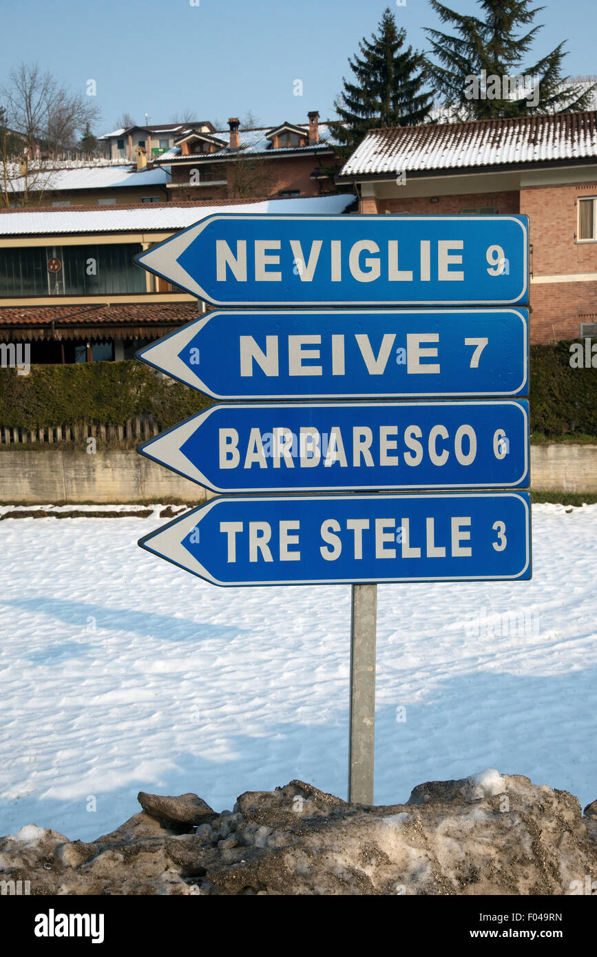 Street signs, Piedmont, Italy, panorama of vineyards of Piedmont ...