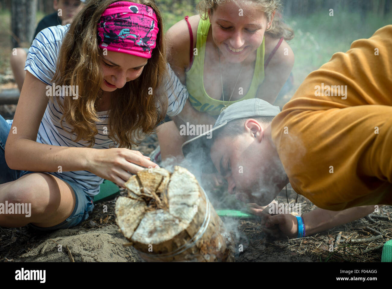Campfire building lesson in Ukrainian scout training camp, Kiev region ...