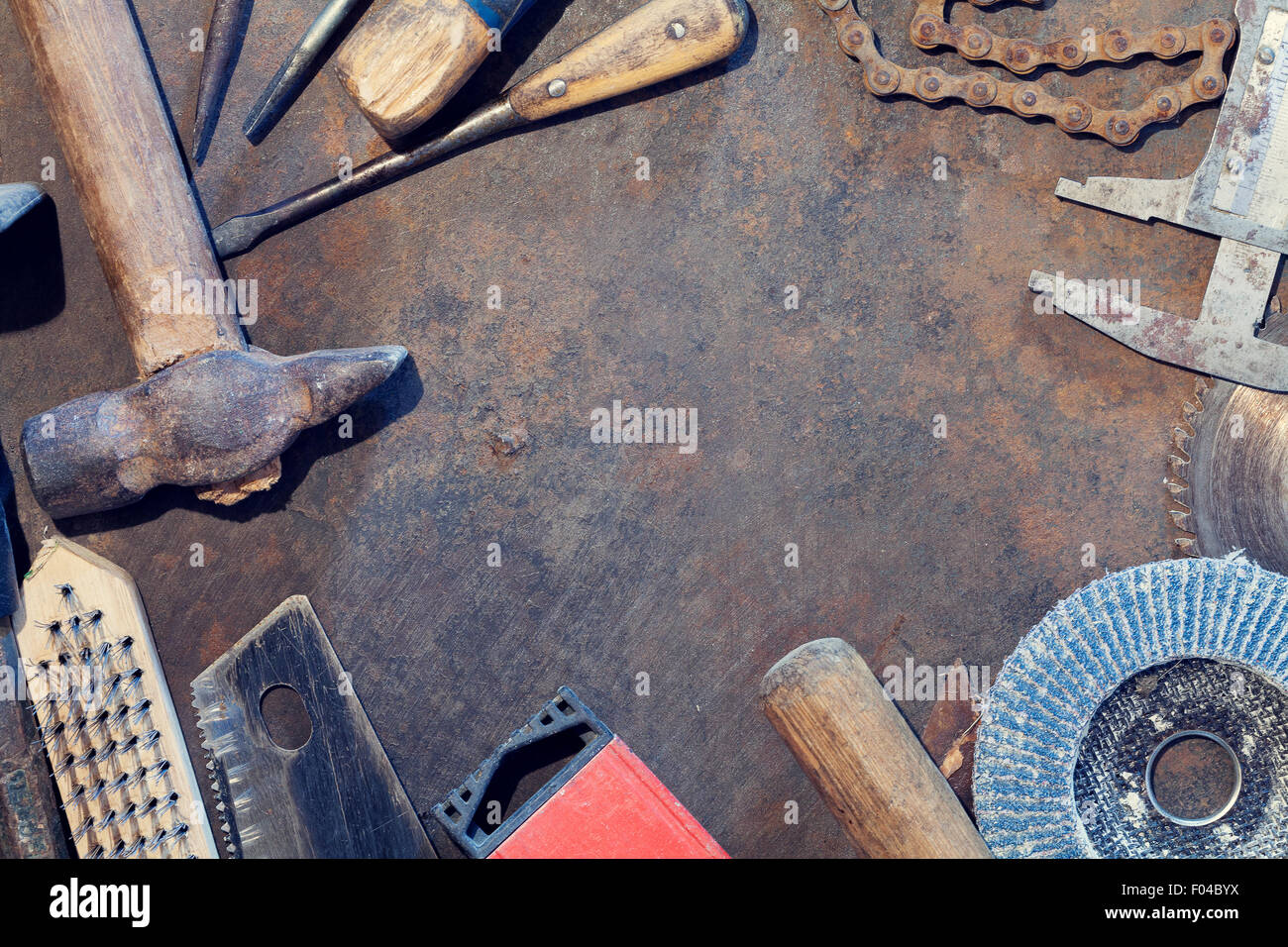 Workbench metal table with old tools. Top view with copy space Stock ...