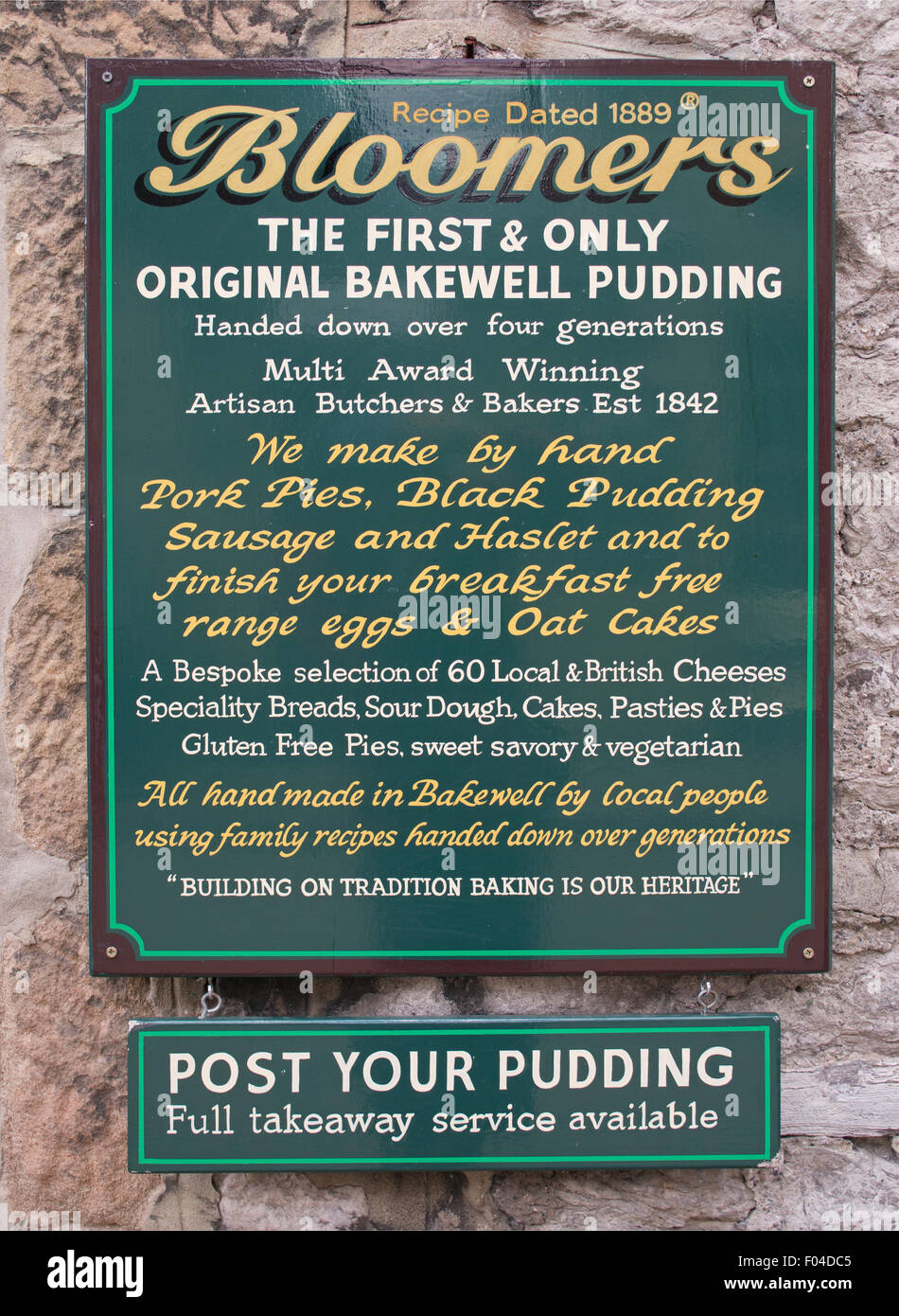 Sign Bloomers original Bakewell Pudding Derbyshire, England, UK Stock ...