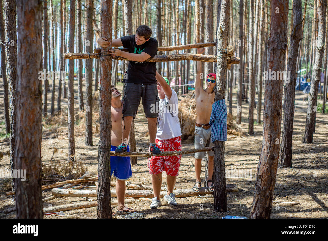 Scouts building a treehouse on a survival course in Ukrainian scout ...
