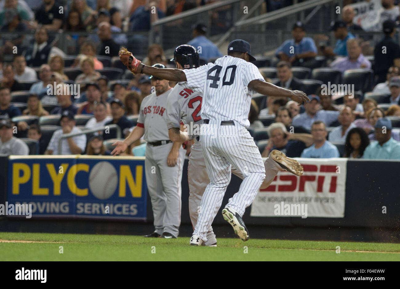New York, New York, USA. 5th Aug, 2015. Yankees' LUIS SEVERINO tags out ...