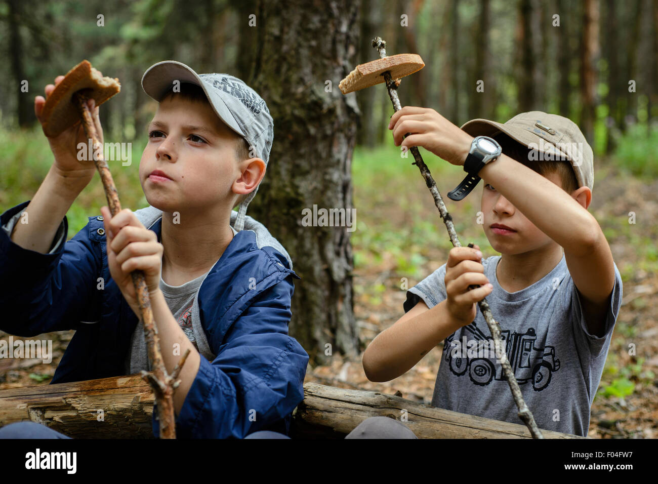 Scouts roasting bread over campfire in a hike, Ukrainian scout training ...