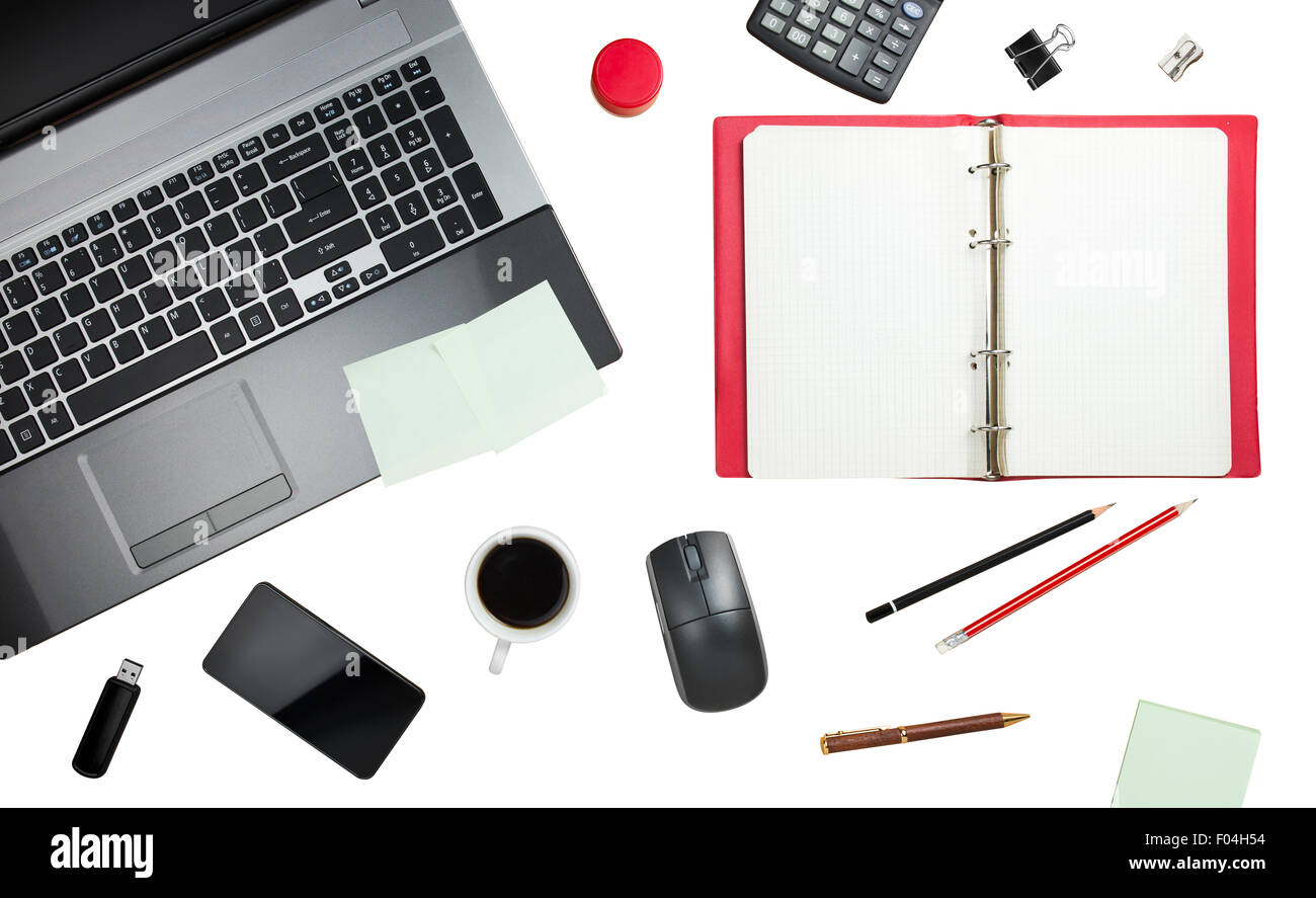 Workplace, laptop and notepad with pencils isolated on white background ...