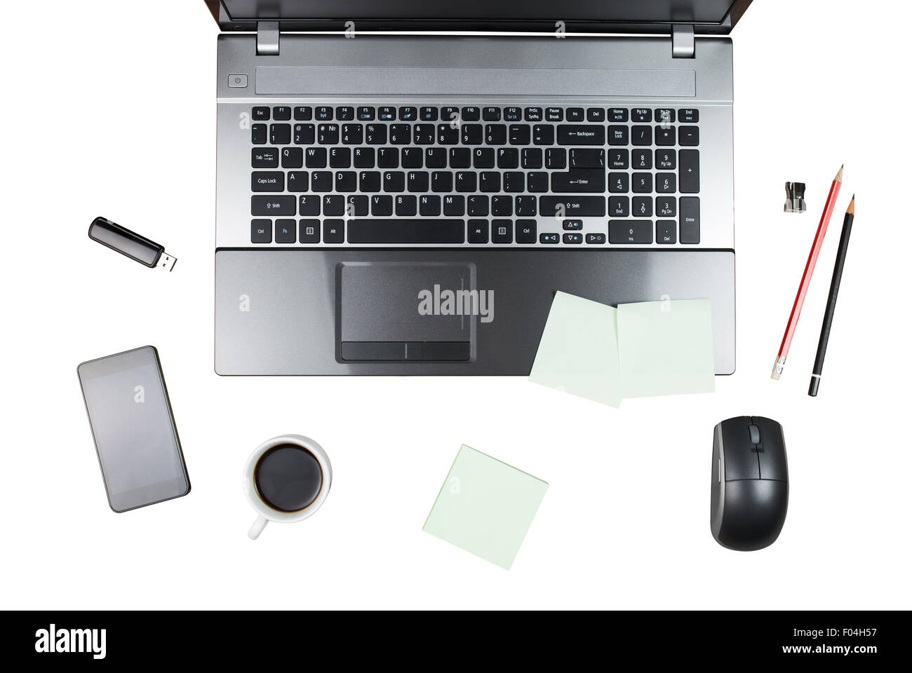 Workplace, laptop and notepad with pencils isolated on white background ...