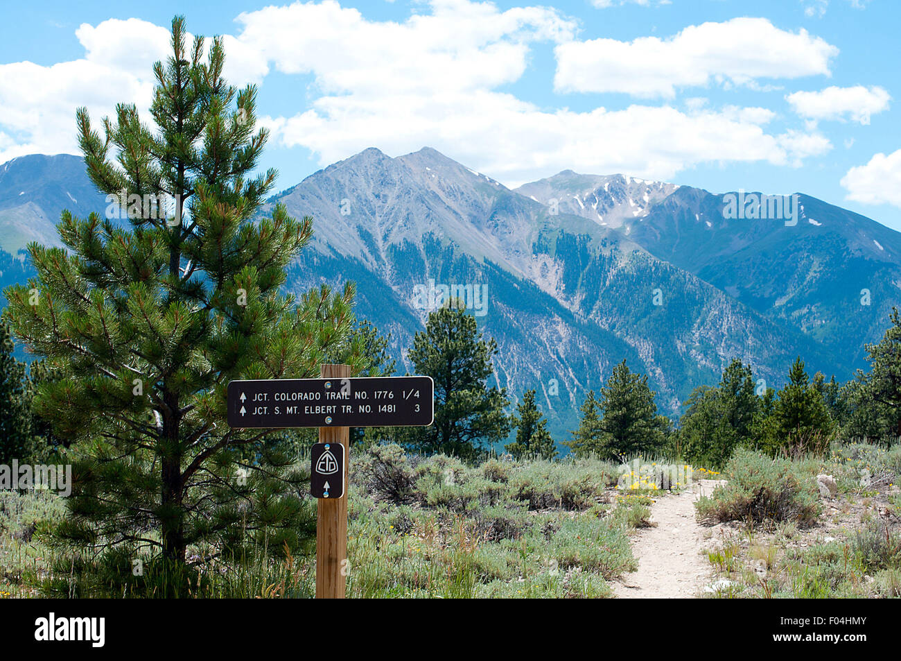 Trail markers on the trail near Colorado's highest peak, Mount Elbert ...