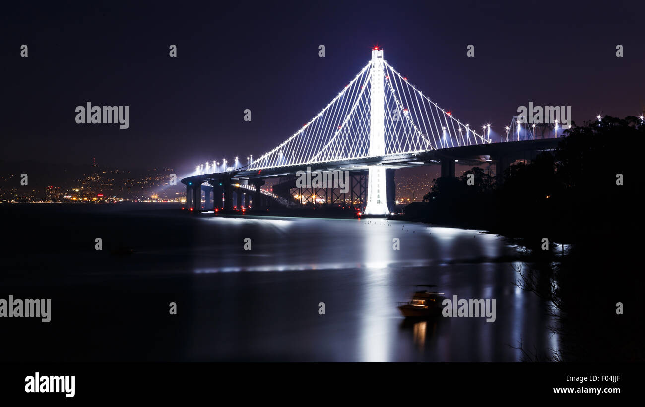 New span of the San Francisco-Oakland Bay Bridge illuminated at night ...
