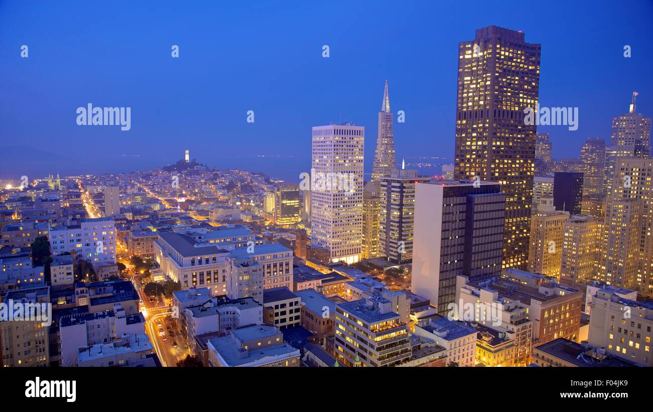 Aerial view of San Francisco cityscape at night with city lights Stock ...