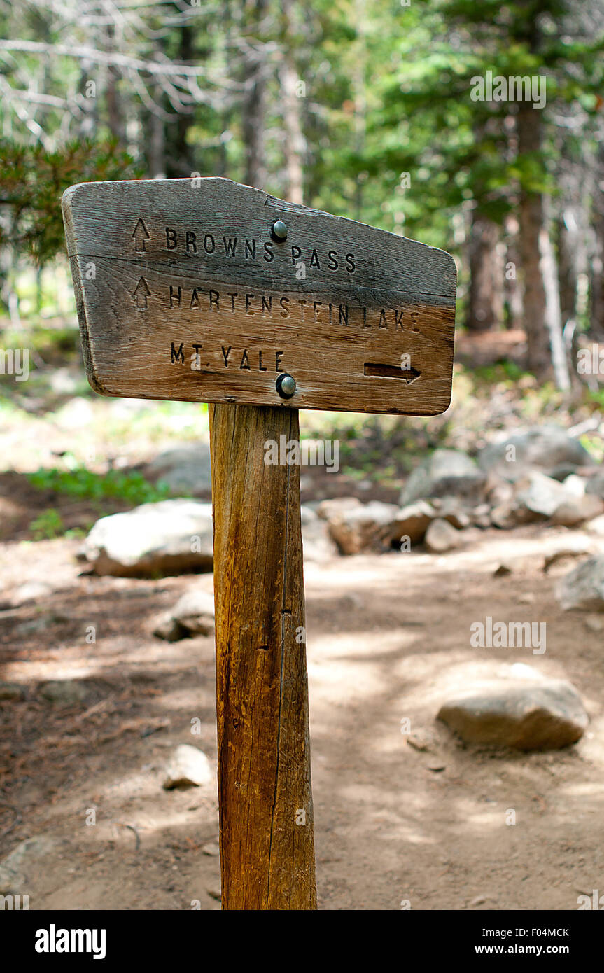 A trail sign points the way to Brown's Pass and Mount Yale in Colorado ...