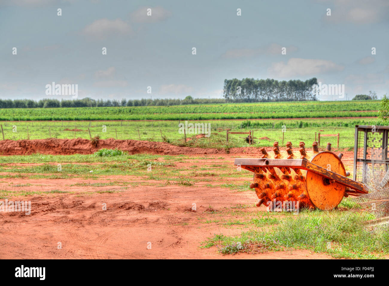 Piece of agricultural equipment on a field in the farmland of Brasil ...