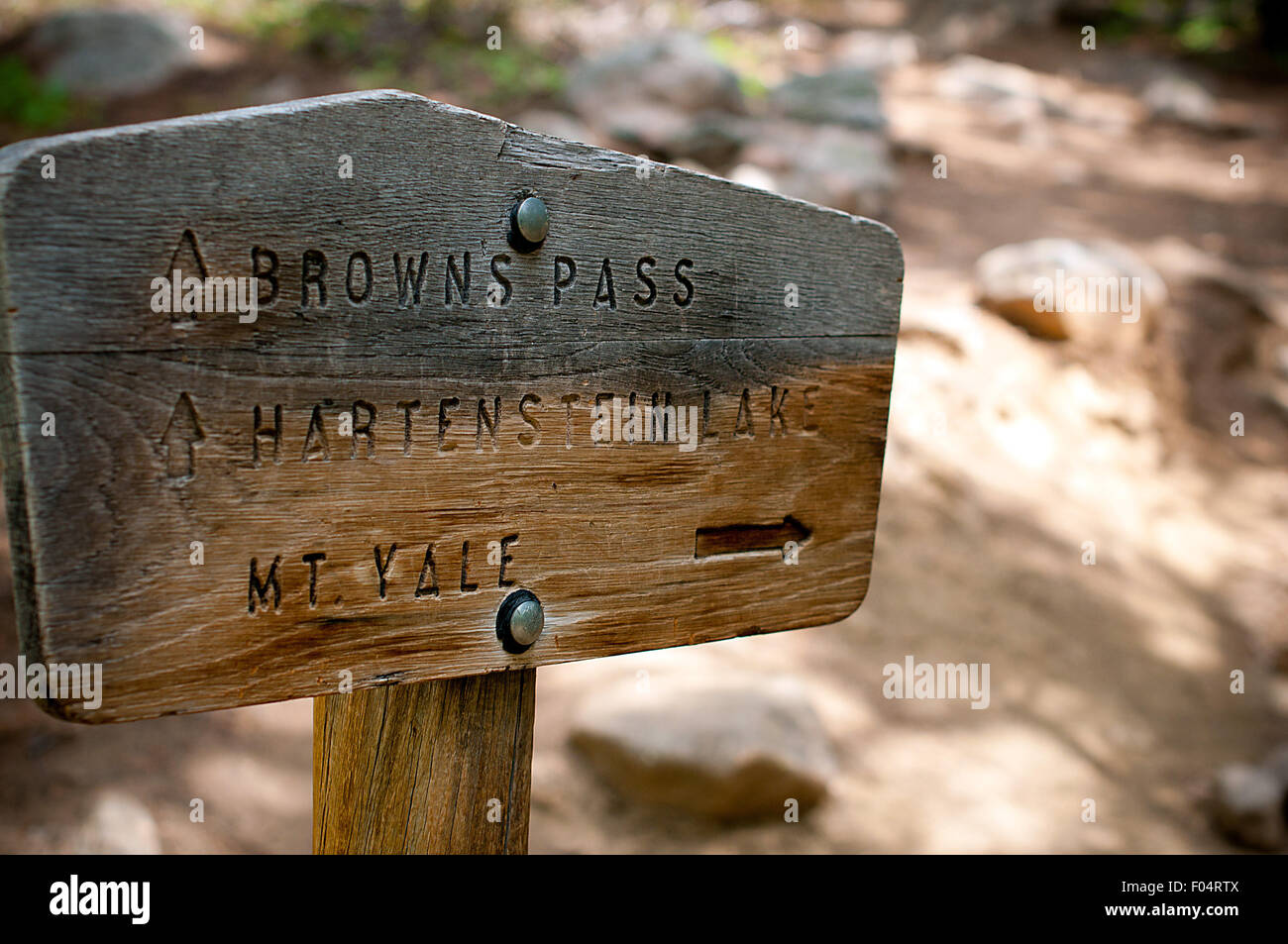 A trail sign points the way to Brown's Pass and Mount Yale in Colorado ...