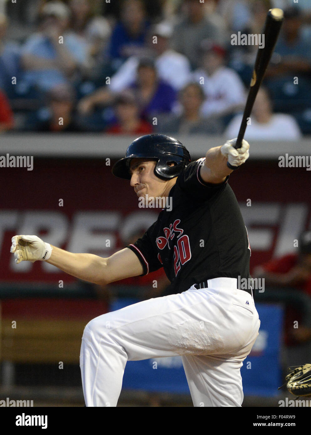 Usa. 6th Aug, 2015. SPORTS -- The Isotopes' Matt McBride hits a three ...