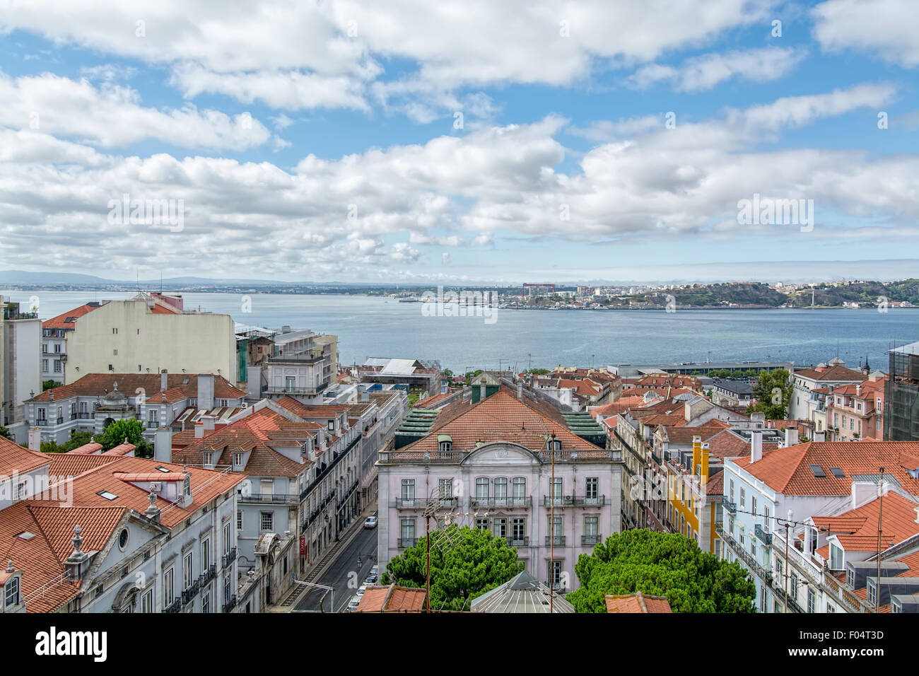 lisbon view with the tejo river and both sides, clouds in blue sky ...