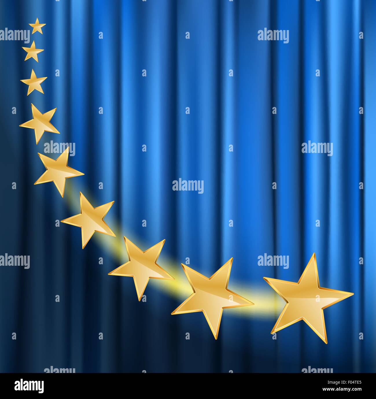 golden stars flying over blue curtain background with spotlight Stock ...