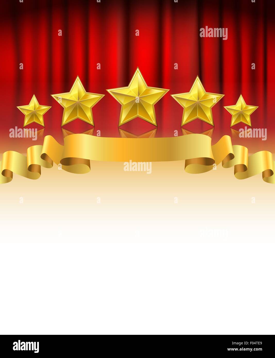 red curtain with golden stars and a ribbon background with white space ...