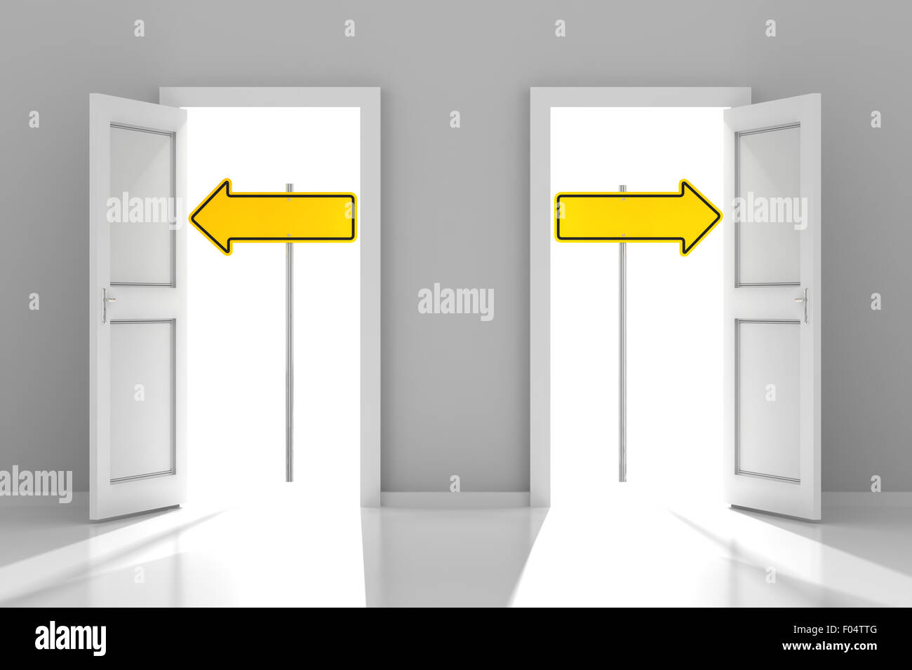 Two doors with directional road signs and copyspace Stock Photo - Alamy