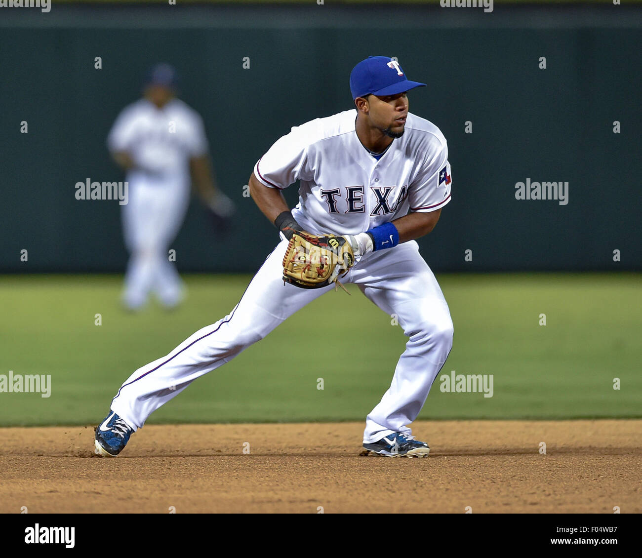AUG 05, 2015: .Texas Rangers shortstop Elvis Andrus (1) fields a ground ...