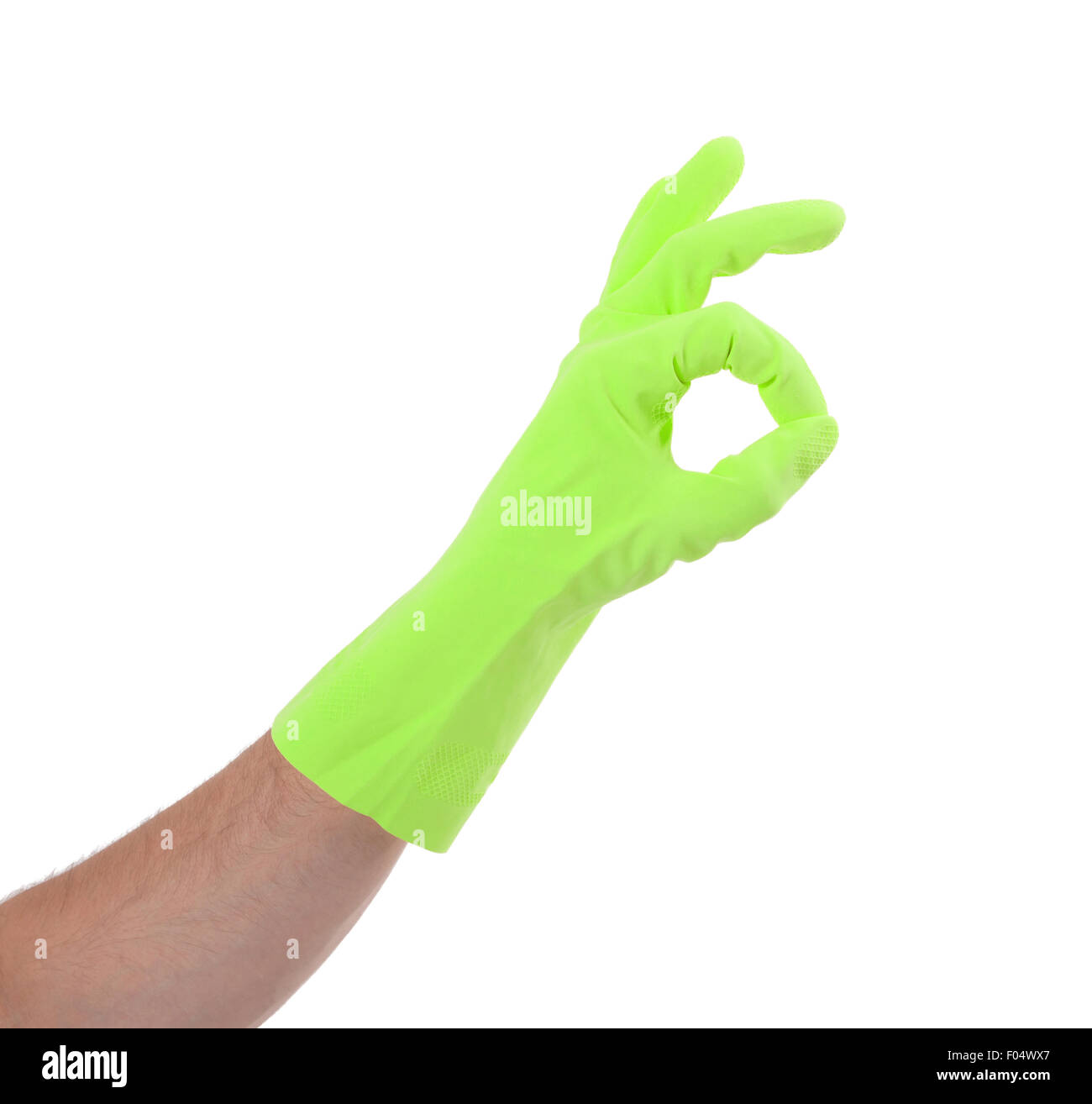 Hand gesturing with green cleaning product glove - isolated on white ...