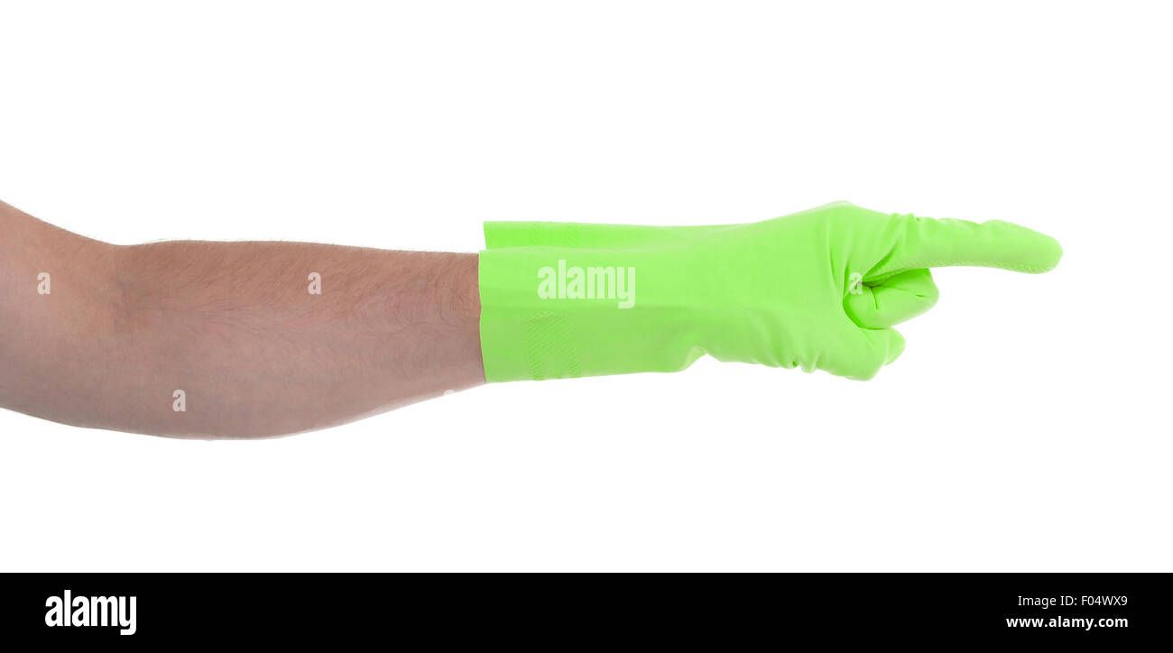 Hand in an cleaning glove making a directional sign on white background ...