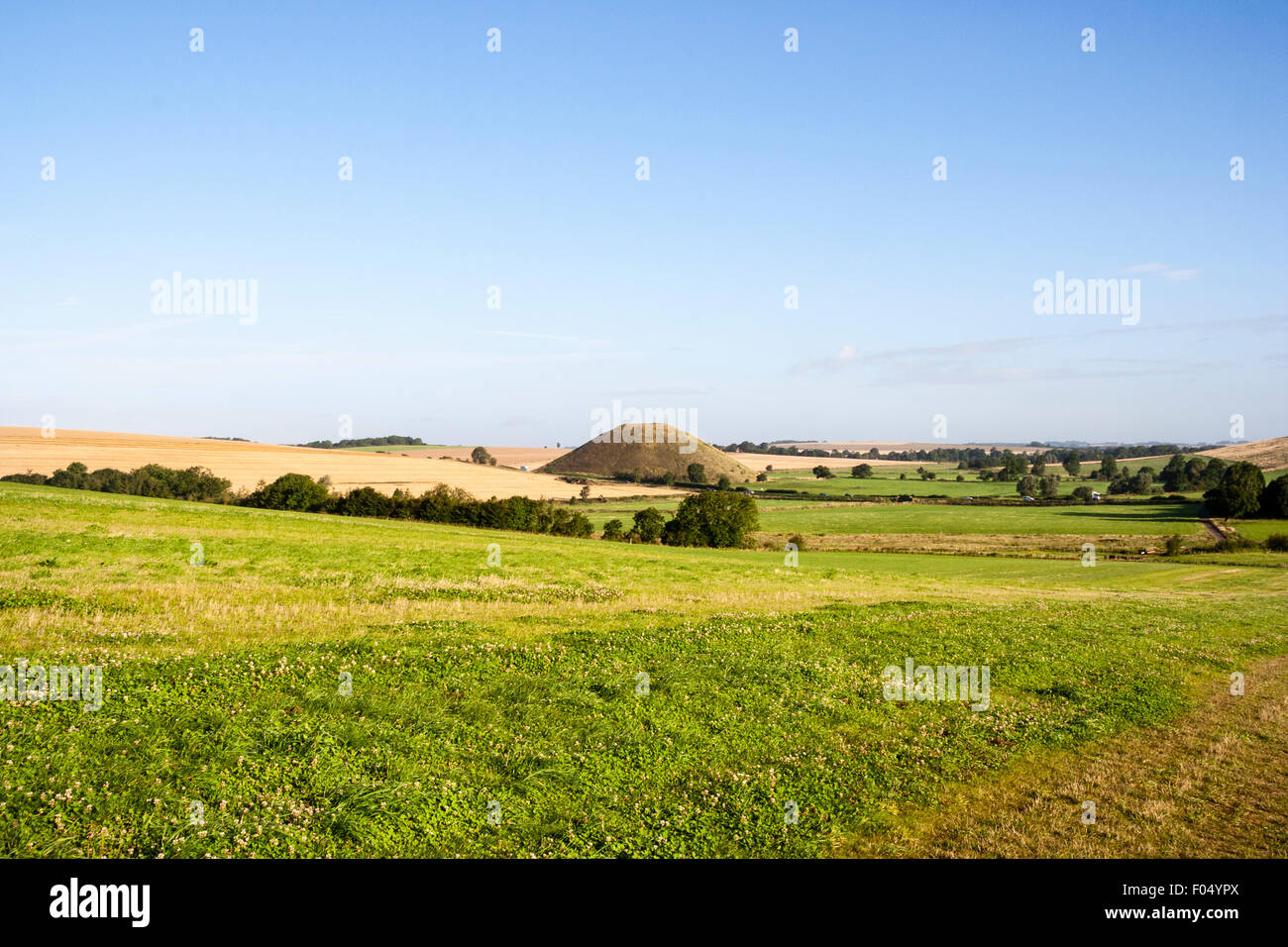 Distant shot of Silbury Hill, man-made Neolithic mound in England. A 40 ...