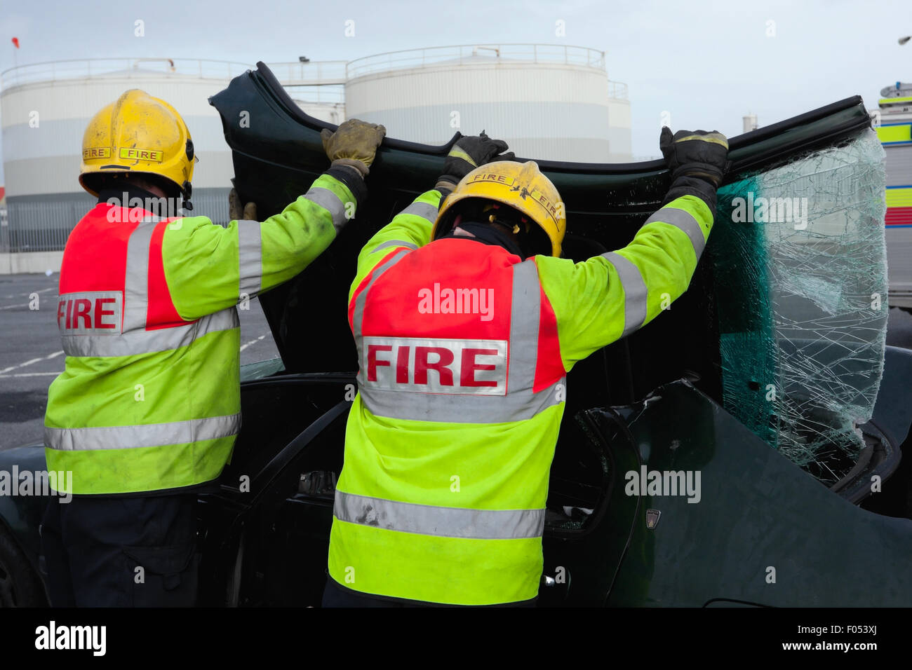 Fire and Rescue emergency Units at car accident removing brocken wind ...