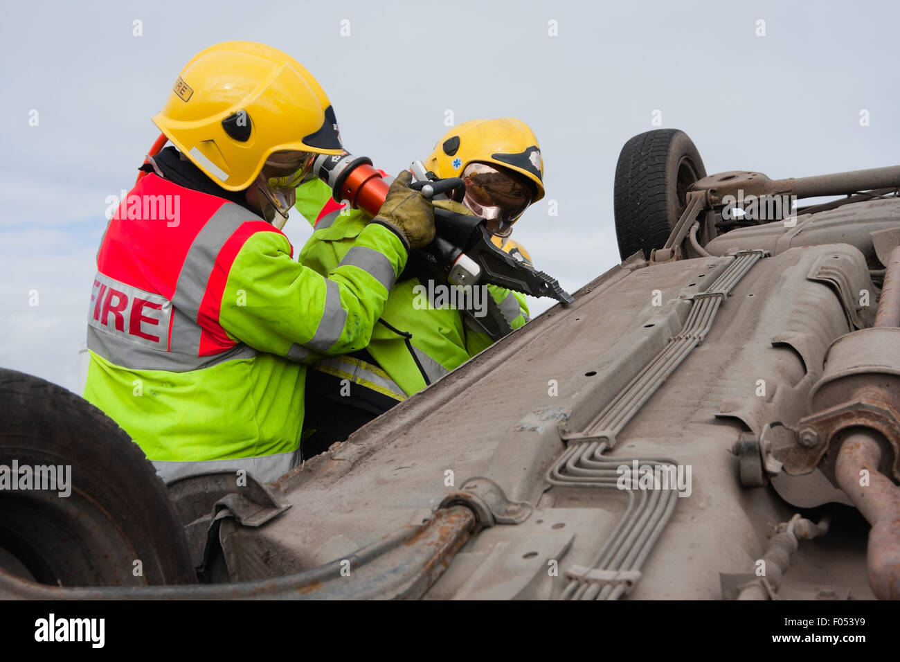 Fire and Rescue emergency Units in action with Power Wedge at car ...