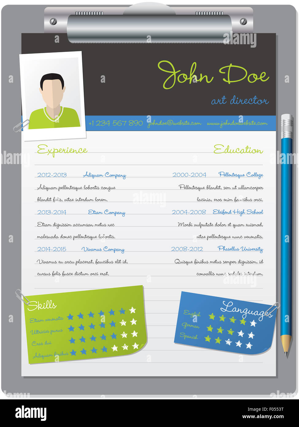 Cool curriculum vitae cv resume design with clipboard and pencil Stock ...