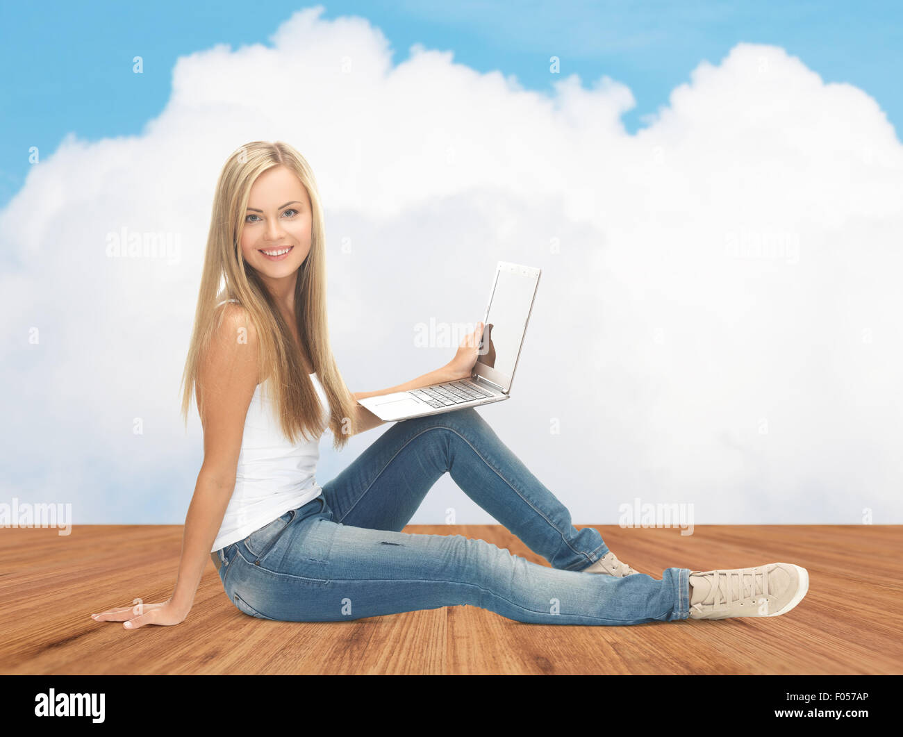 happy student girl with laptop computer Stock Photo - Alamy