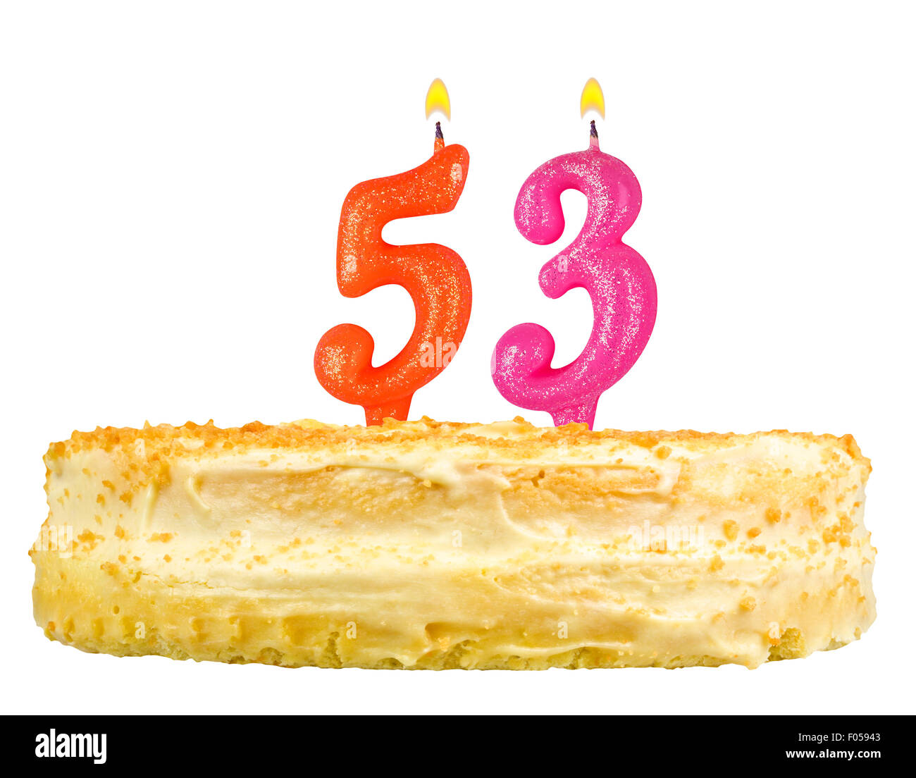 birthday cake with candles number fifty three isolated on white ...