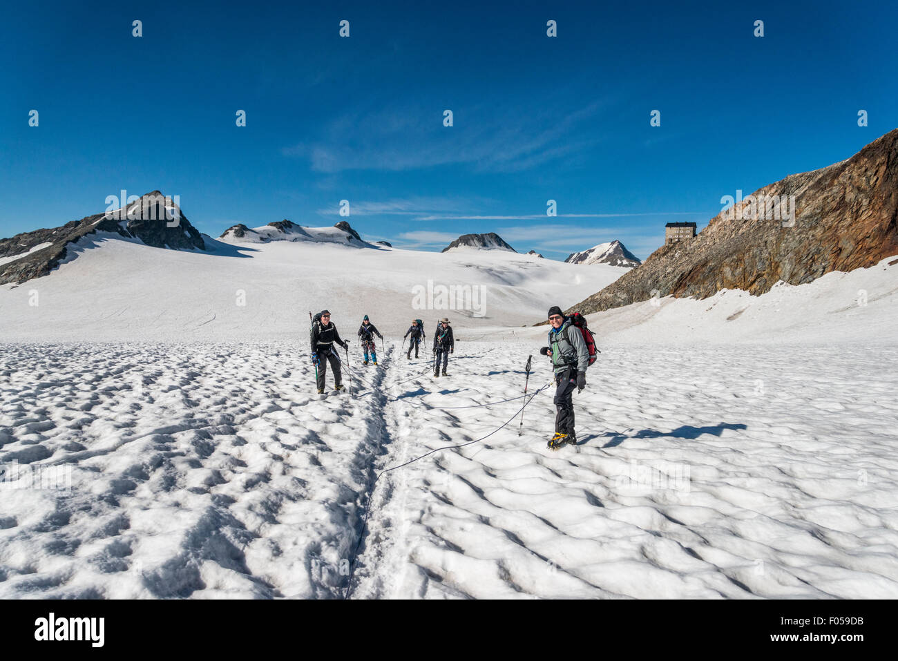 Mountaineers on the Gepatschferner glacier with Brandenburger Haus ...