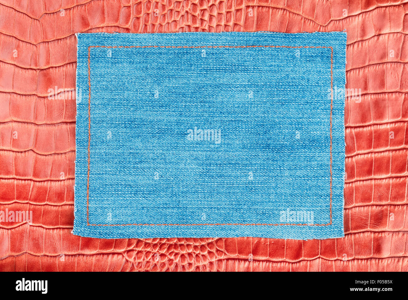 Denim frame lies on a red crocodile skin, with a place for your ...