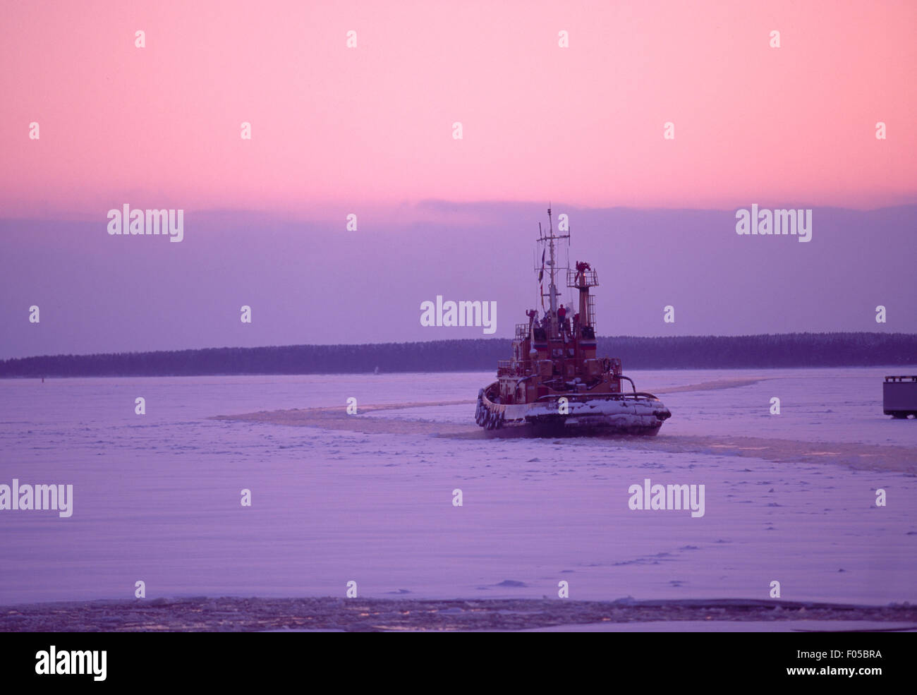 Primorsk Russia. In the Dusk of Mid Winter Icebreaking Boat is paving ...