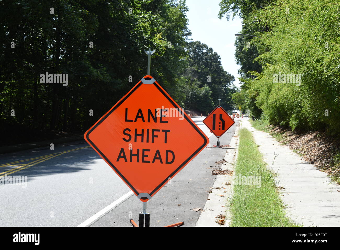 sign lane shift ahead Stock Photo - Alamy