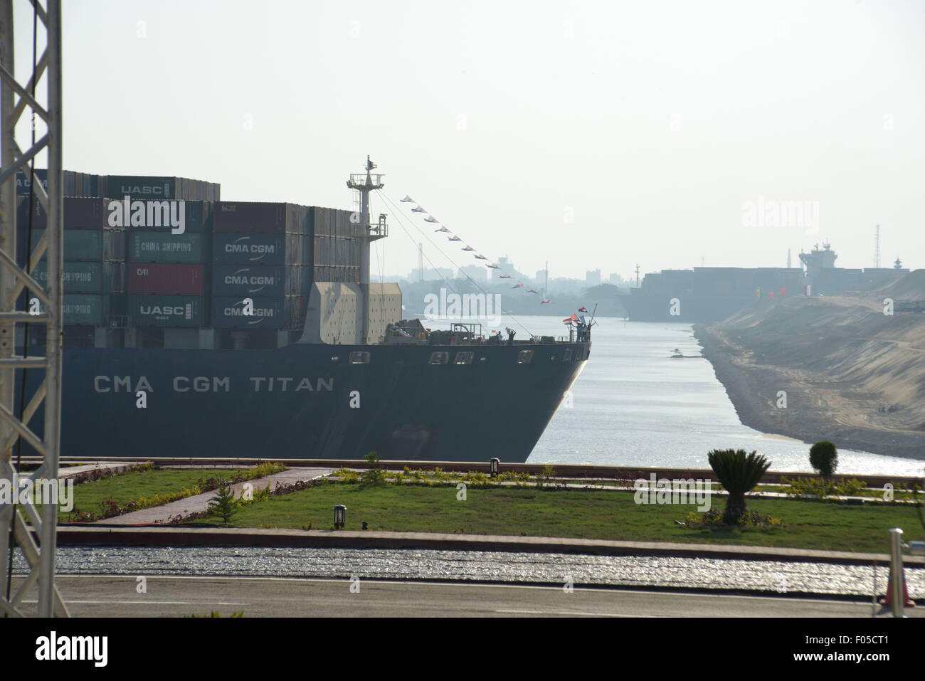 Cairo, Egypt. 6th Aug, 2015. Huge container ships pass by in channels ...