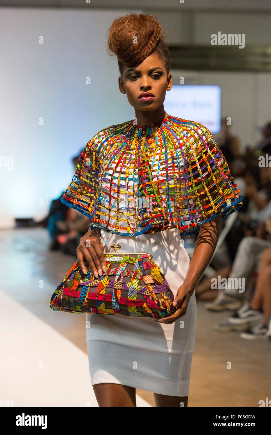 London, UK. 7 August 2015. A model walks the runway for designer Selina ...
