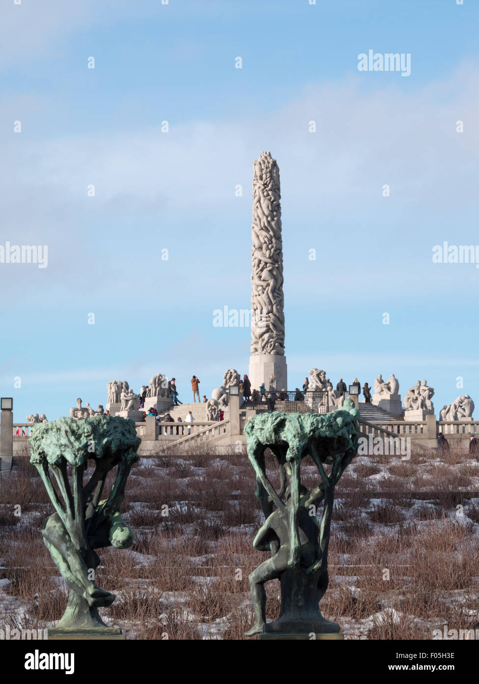 View of Vigeland Park Monolith behind the bronze trees Stock Photo - Alamy